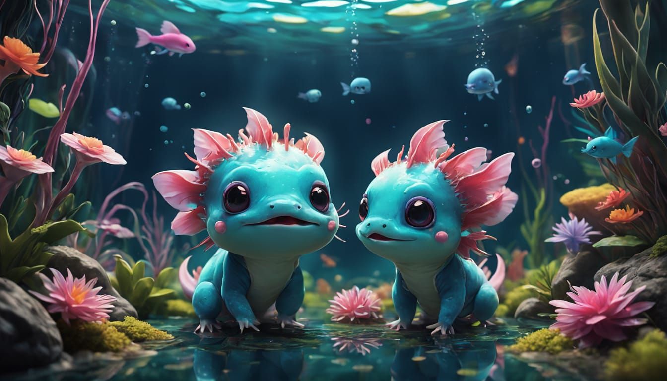 A group of axolotls drawn in a chibi style.