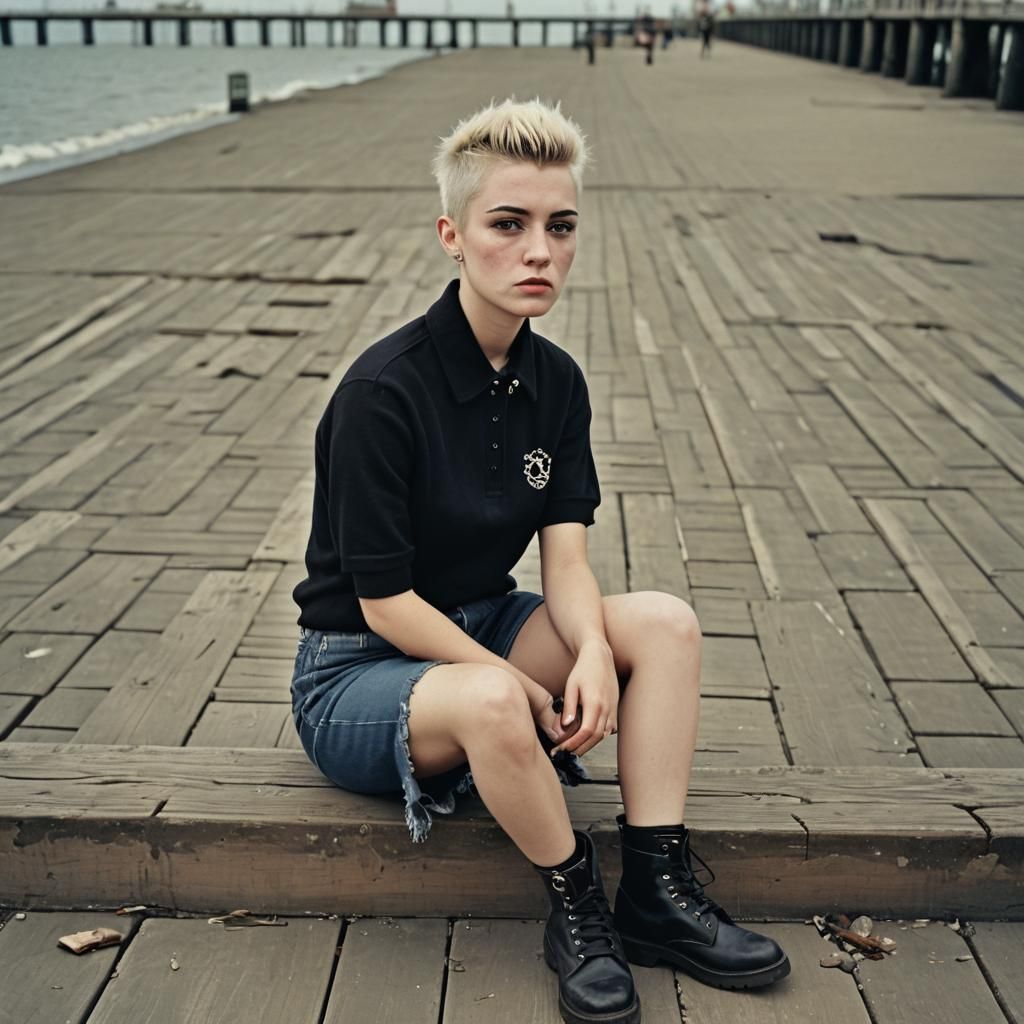 "a skinhead Mod young girl dresses as a punk sitting on a beach pier a ...