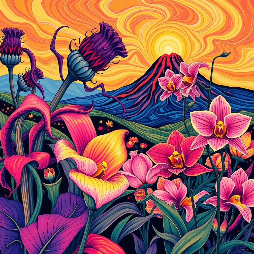 A surreal, dreamlike woodblock-style print featuring vibrant, swirling ...