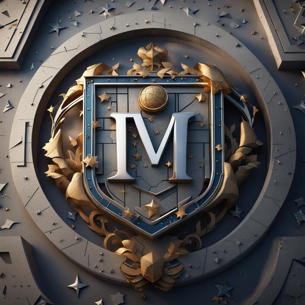 a family crest with the letter “M” as the centerpiece, blending constellations, planet and sci ...