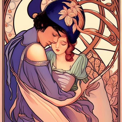 Alfonse mucha style, a huge penguin hugs a beautiful fairy who is crying, healing heart-broken ...
