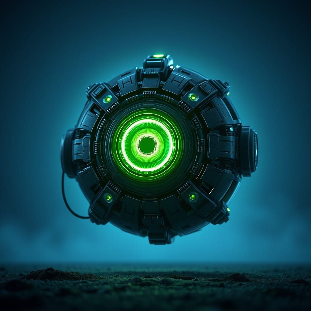 A floating glowing orb robot with central green eye.