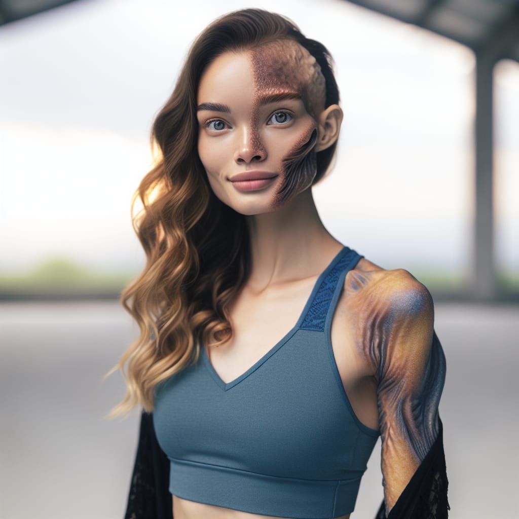 Make a Caucasian woman who's young, with a deformed face typical of a ...