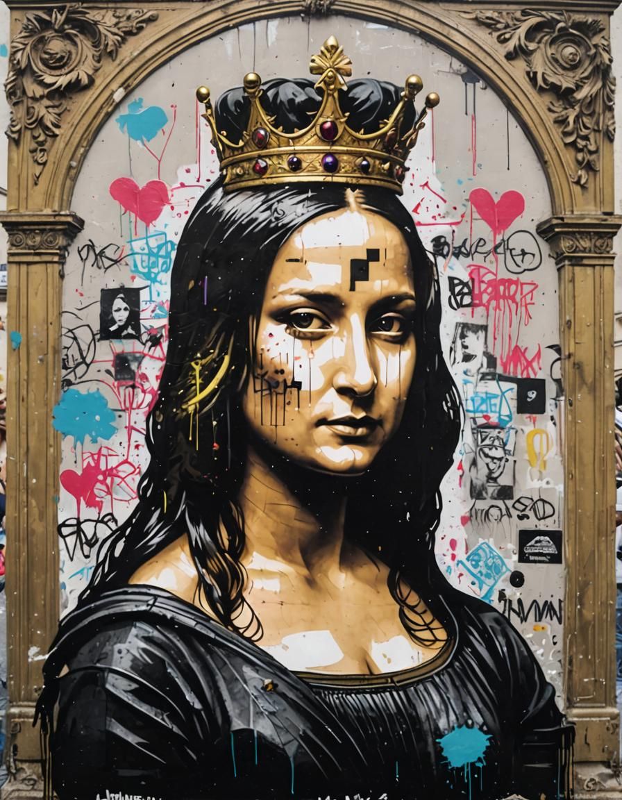 a graffiti painting of a punk rock Mona Lisa with a crown on her head ...