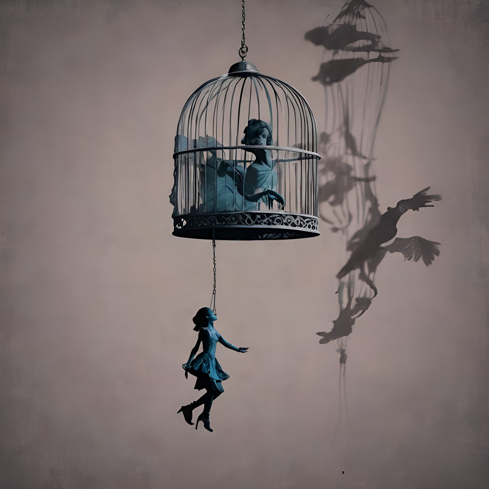 Idk either. - Surrealist Shadow Figure in Muted Birdcage Ae...