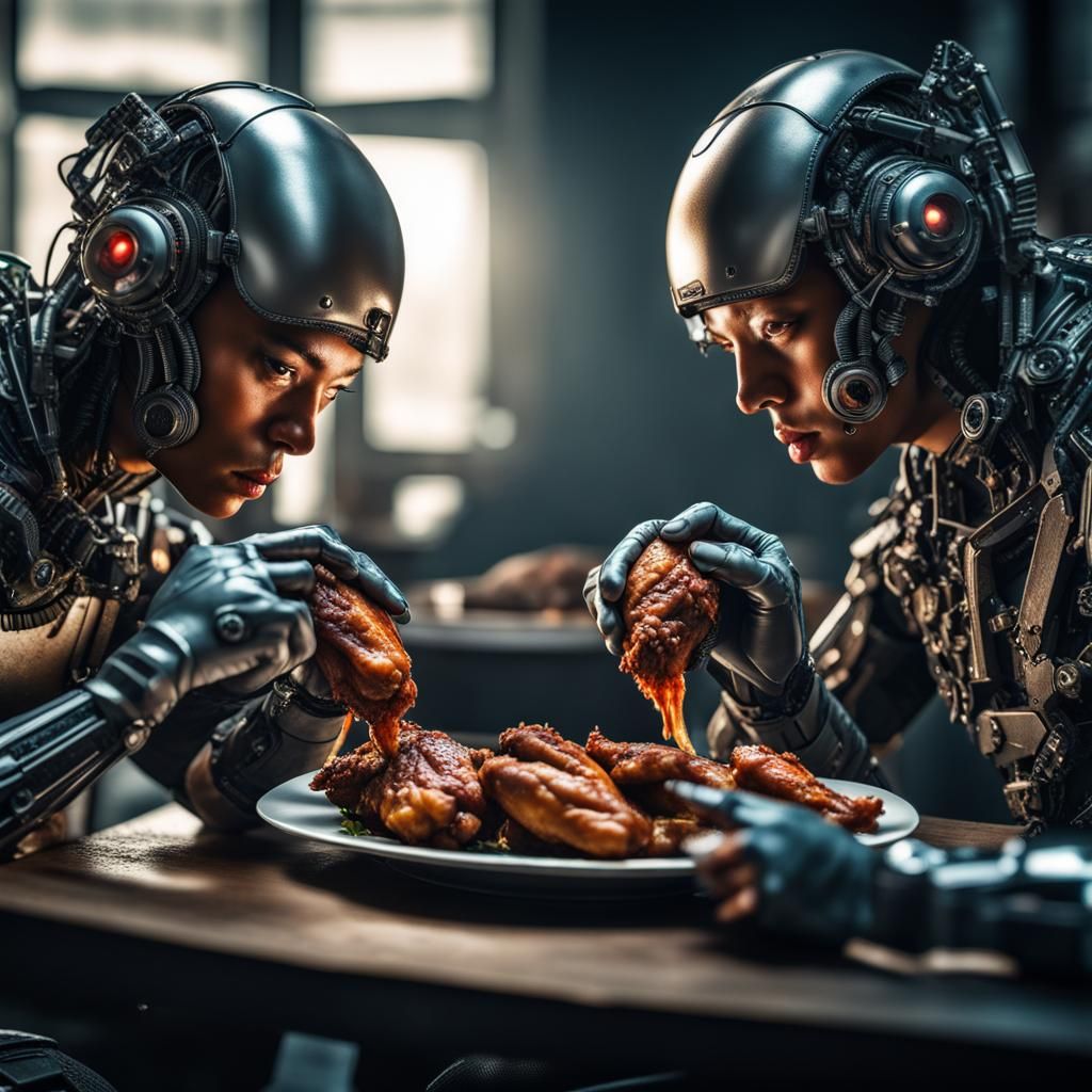 Cyborgs eating chicken wings - AI Generated Artwork - NightCafe Creator