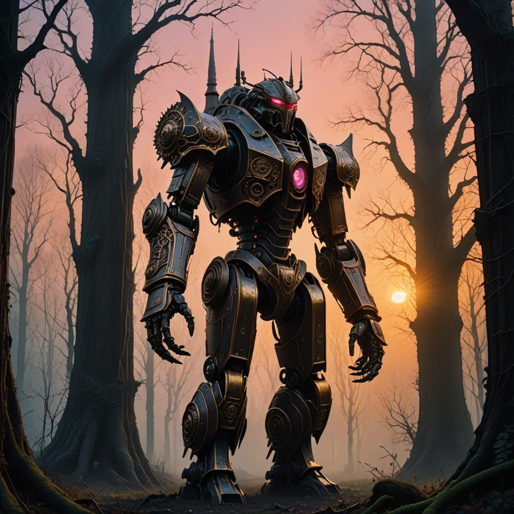 Gothic Sci-Fi Mecha Under Golden Sunset - AI Art