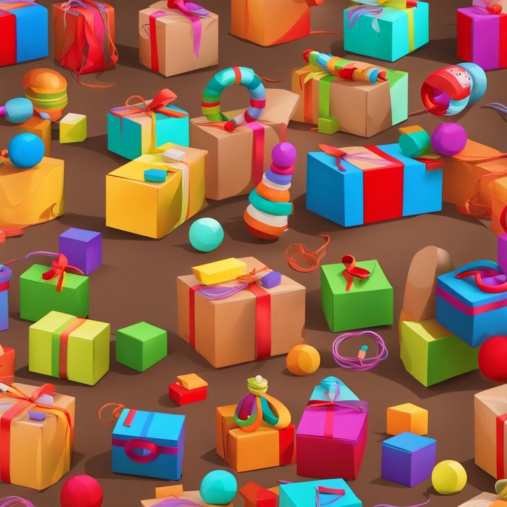 Portrait Very bright colorful multicolored boxes and toys and (some ...