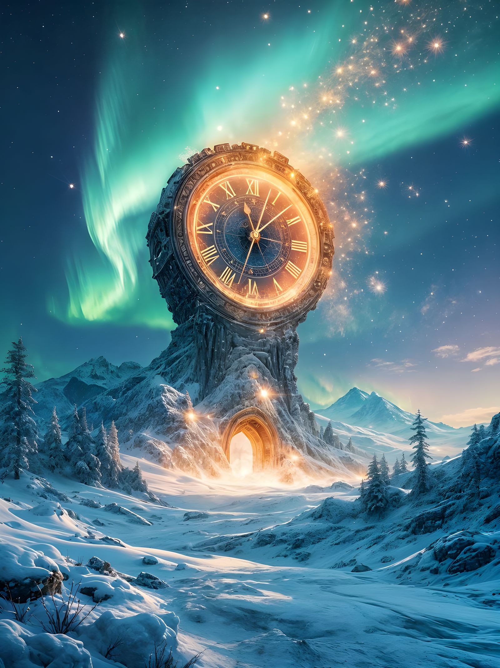 Celestial Timekeeper - Ancient Clock Amidst Vibrant Aurora i...