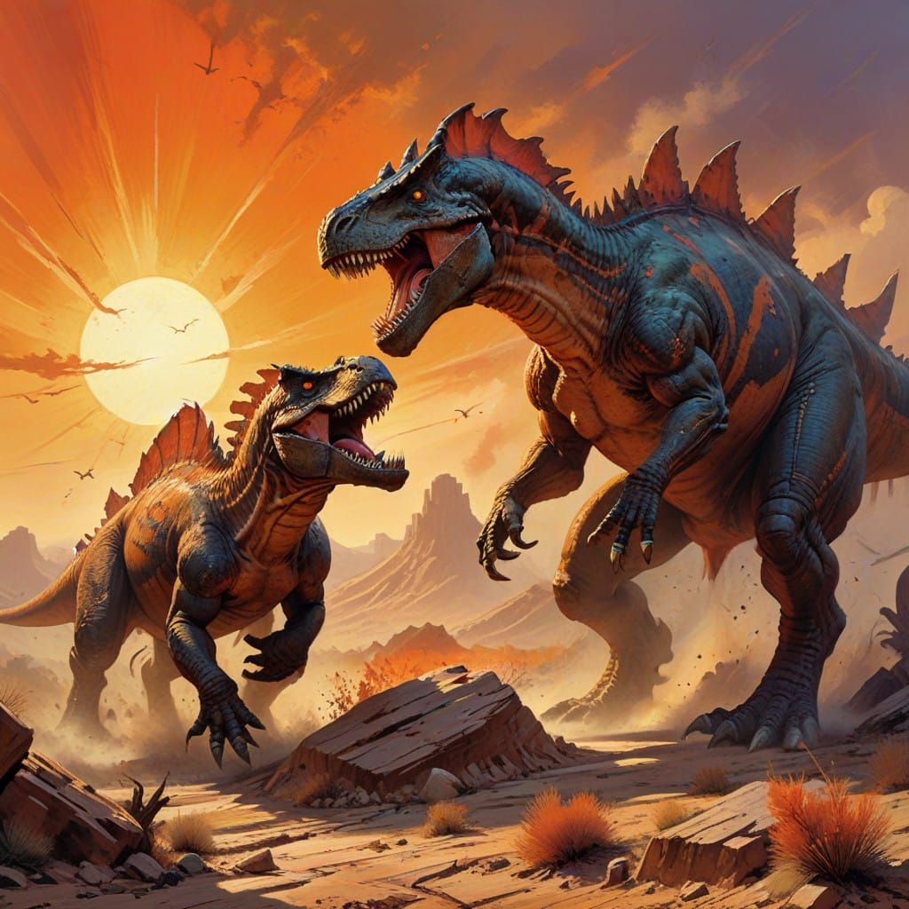 A fierce battle between a Spinosaurus and a Carnotaurus in an arid ...