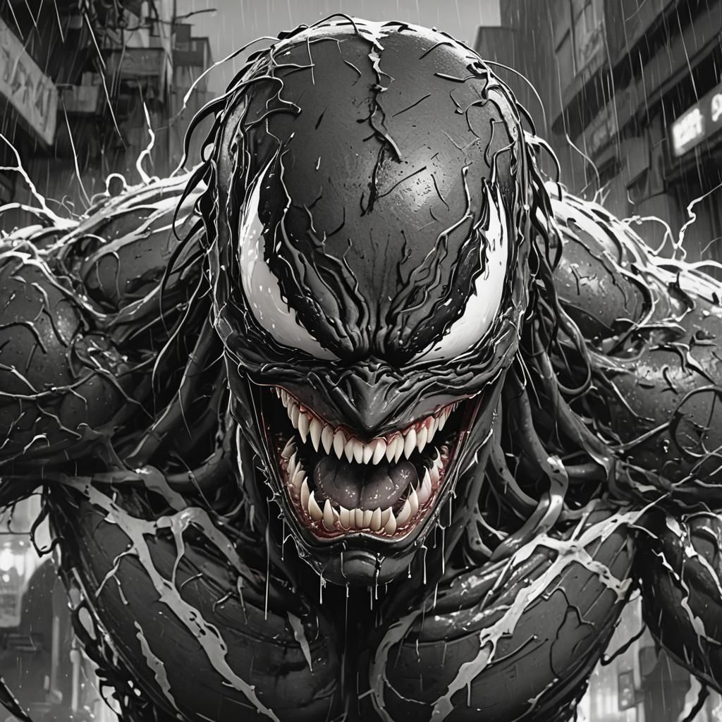 Venom rampaging in the rain. monochrome black and white