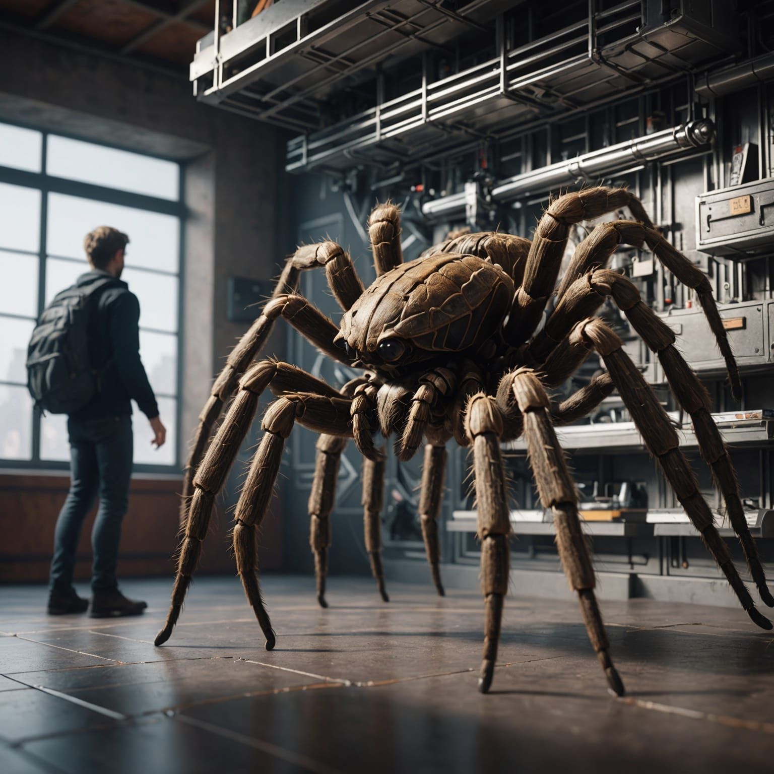 Giant Tarantula Stalks Young Man in Futuristic Lai... - AI Art