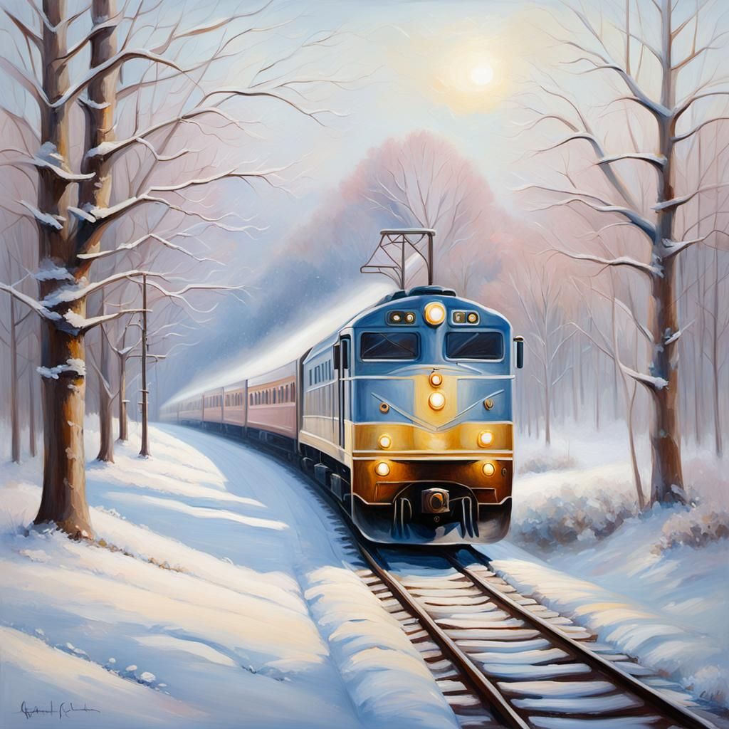 Oil painting of express train in winter - AI Generated Artwork ...