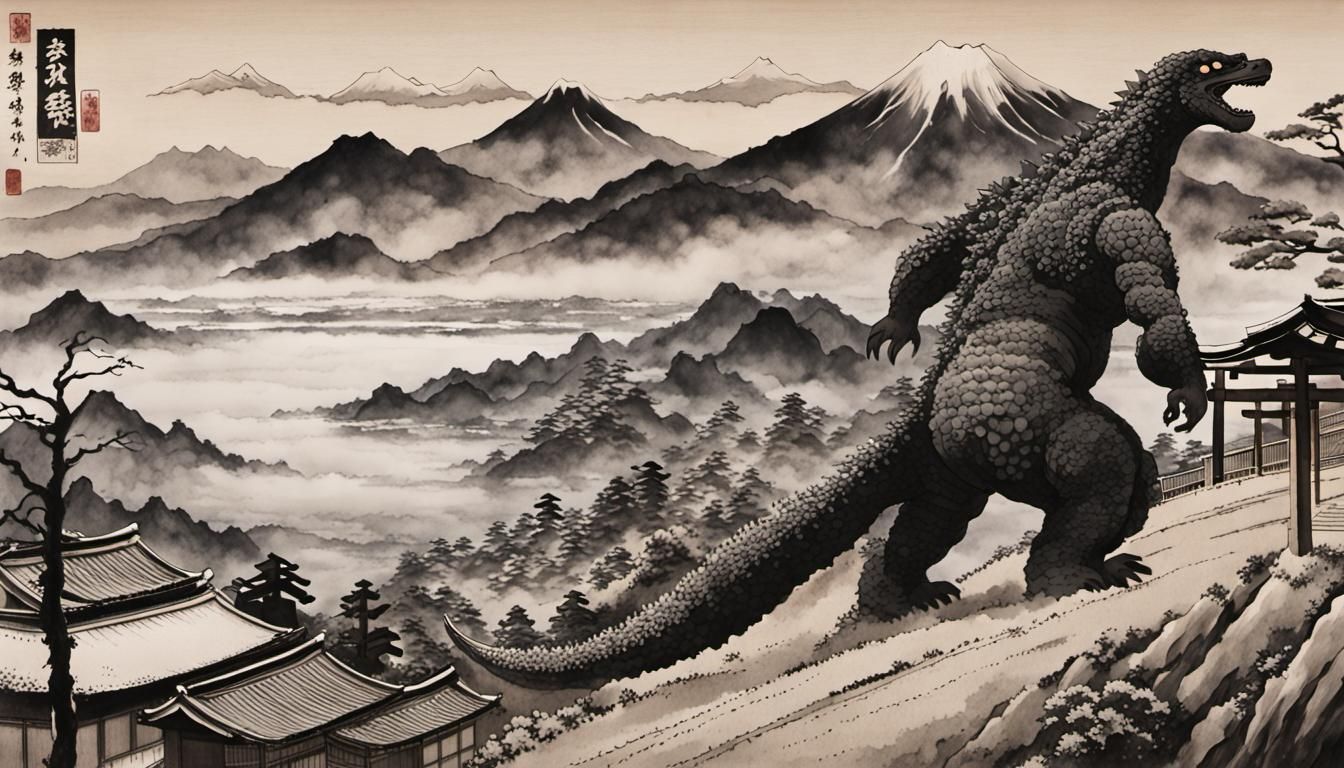 ink wash painting of Godzilla on a casual stroll - AI Generated Artwork ...