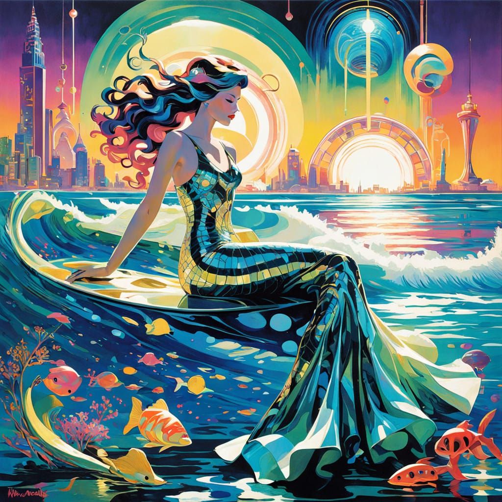 Cyborg Mermaid in Art Nouveau Style with Psychedel... - AI Art
