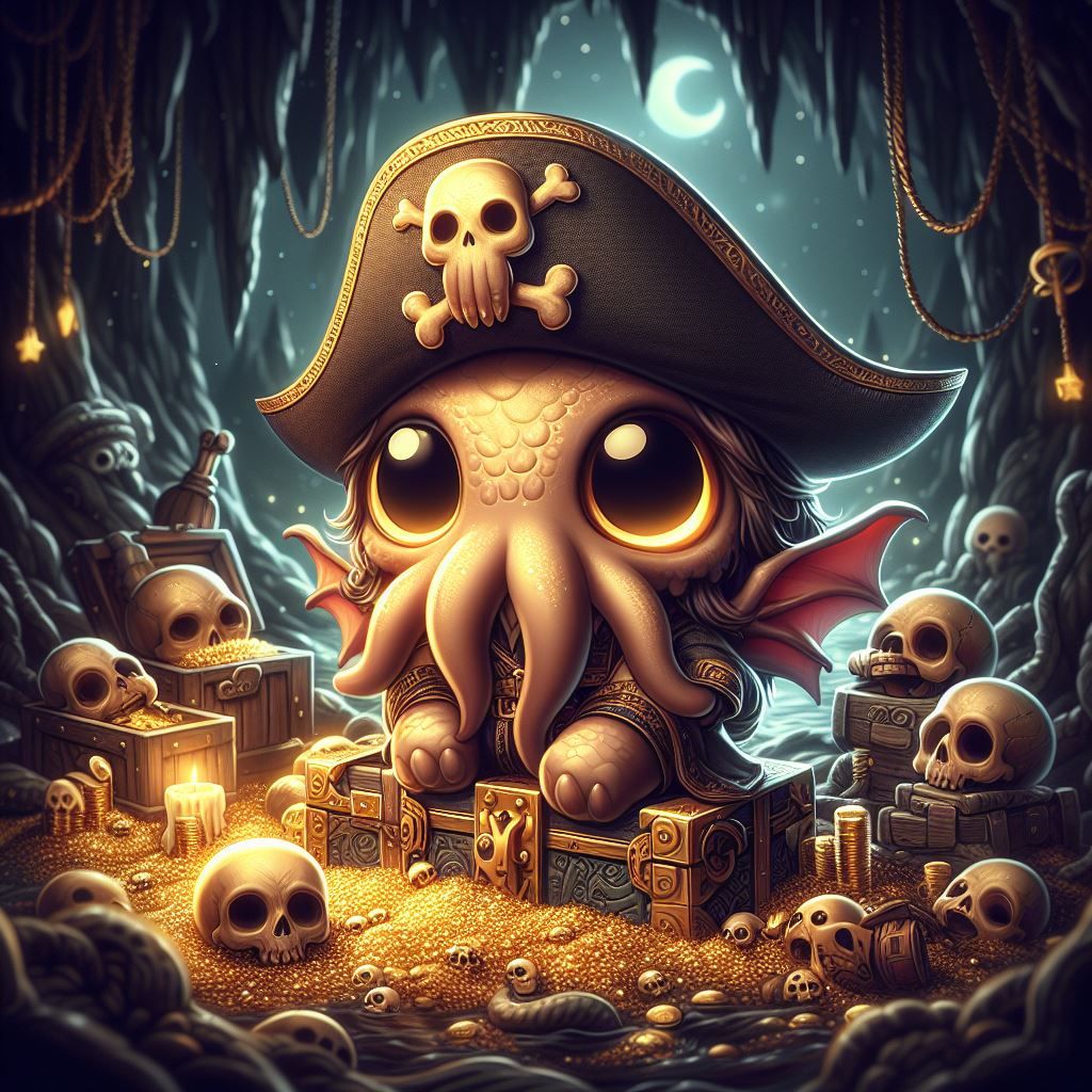 Cute adorable chibi pirate Cthulhu sitting on a treasure in a cave ...