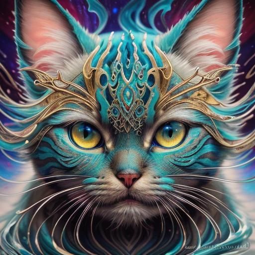 overdetailed portrait of a chibi fluffy teal cat; Michael Kaluta ...