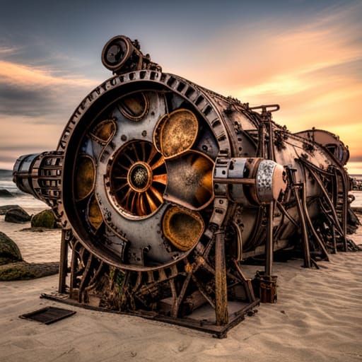 Abandoned submarin on the beach steampunk engine intricate details, HDR, beautifully shot ...