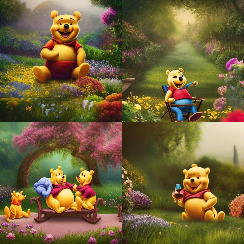 [[OPEN PROMPT!]] A very drunk Winnie The Pooh laughing drinking wine ...