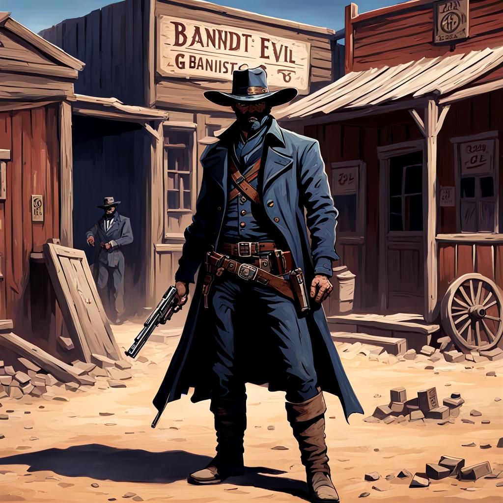 A dark evil bandit gunslinger with his heavy navy-colt pistol drawn ...