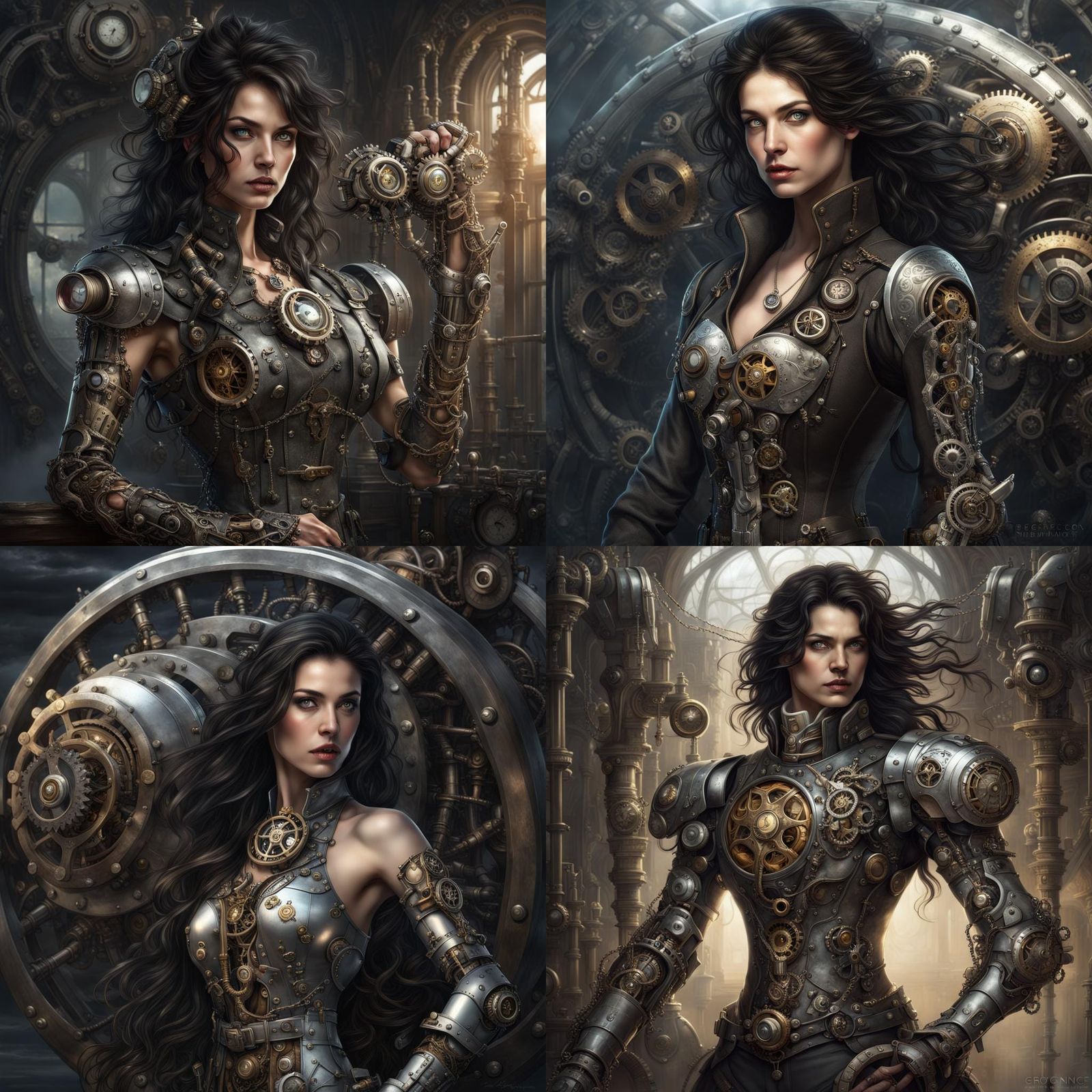 Fusion of man and steam engine. Dark hair, flowing like the silver ...