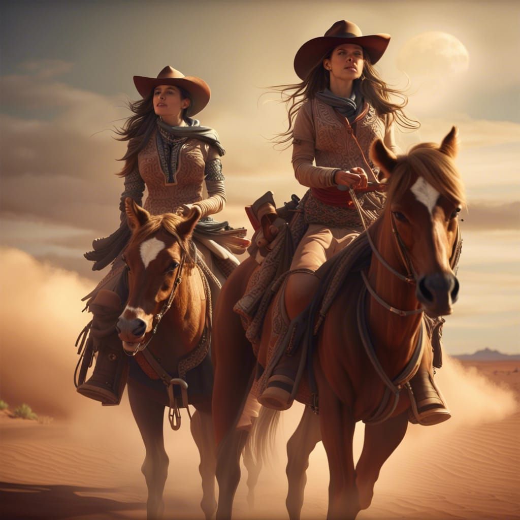 Two beautiful cowgirls riding through the Senora Desert, low angle view ...