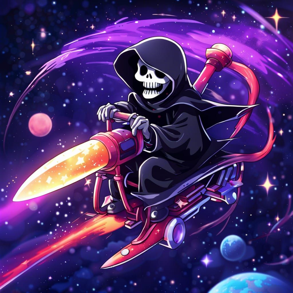 Spooky Grim reaper on toy rocket, galaxy, sparkles, 4k, high quality ...