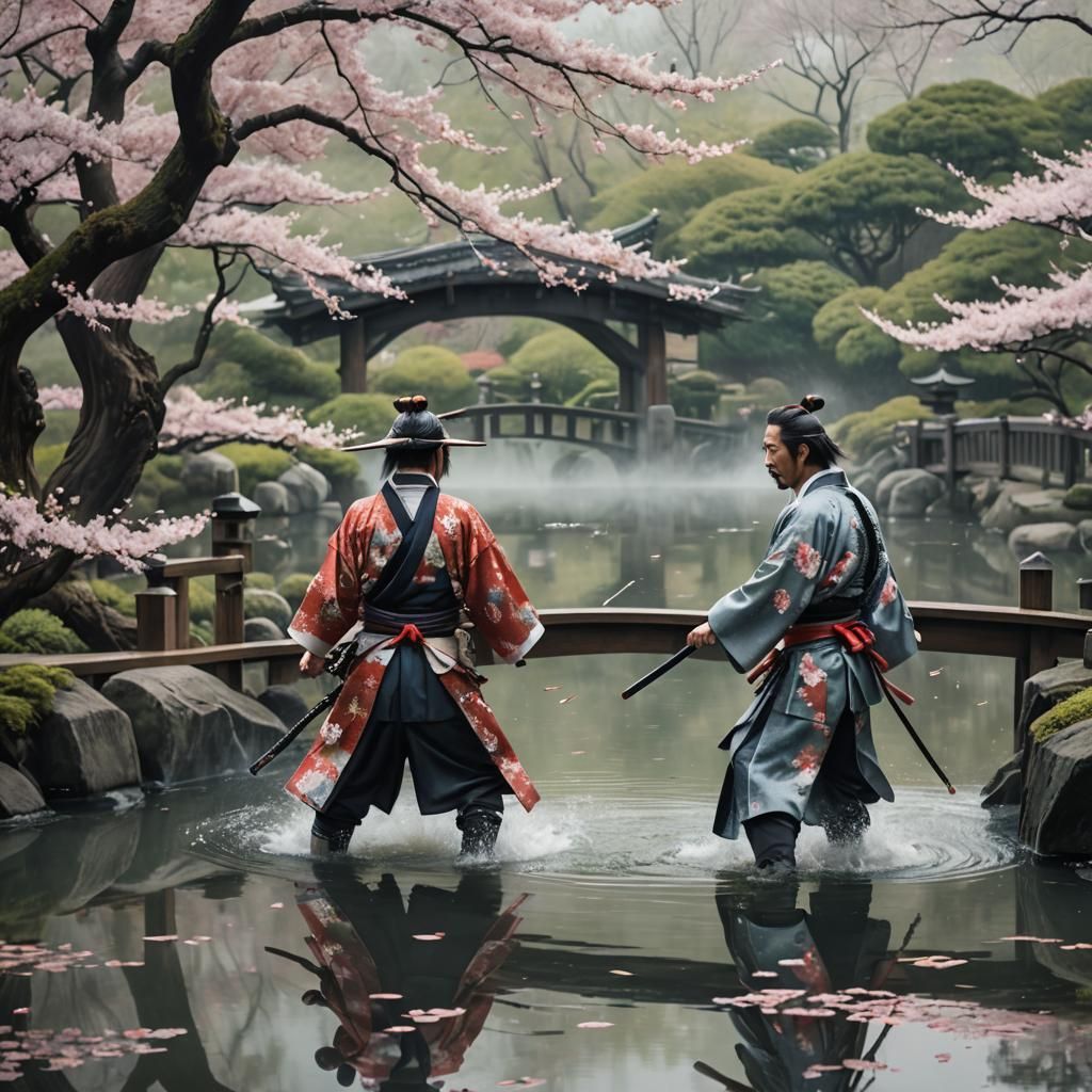 A tense close up duel between two samurai on a misty morning, their ...