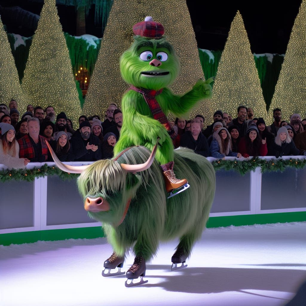 Grinch Rides Highland Cow on Ice Skating Rink Amid... - AI Art