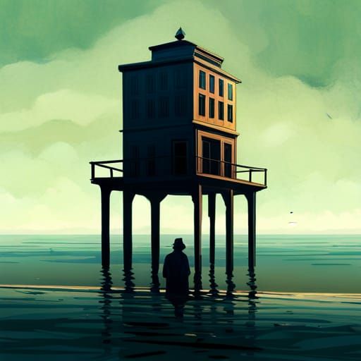 single flooded simple divine wooden tower, very coherent and colorful ...