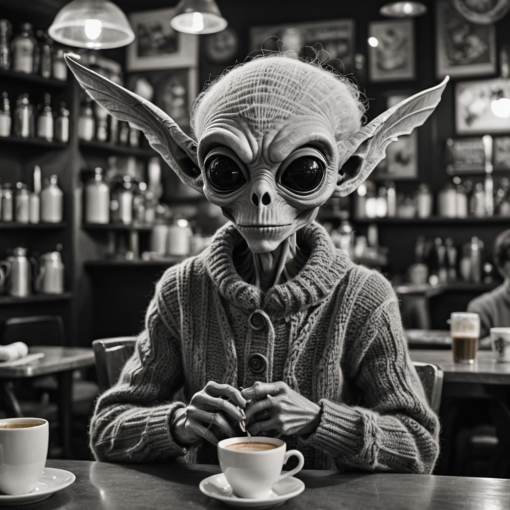 old alien drinking coffee - AI Generated Artwork - NightCafe Creator