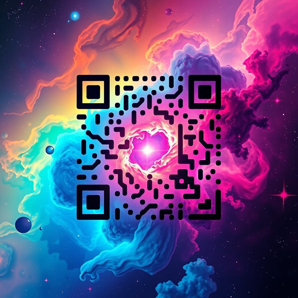 qr code nébuleux - Surreal Nebula QR Code in Bold Neon Hues