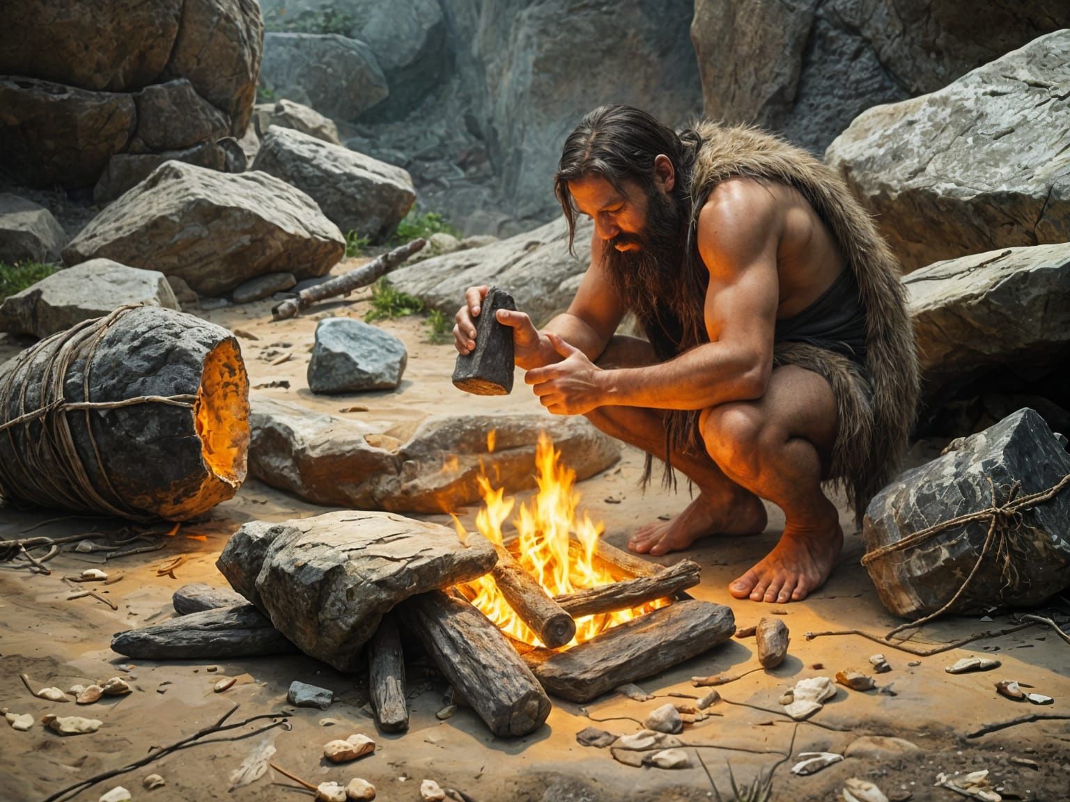 Caveman Making fire using stones - Primitive Man Creates Fir...