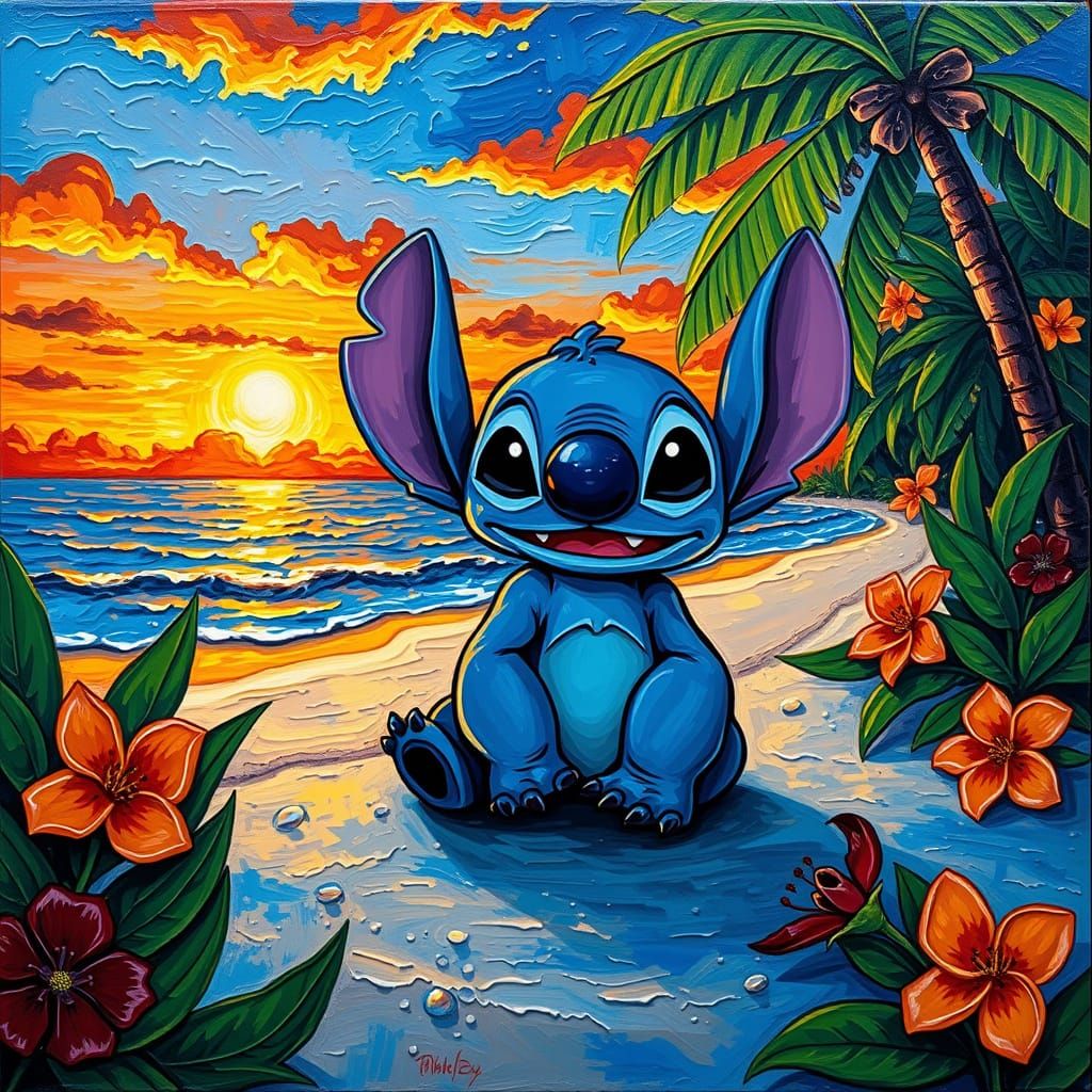 stitch - Blue Alien at Tropical Sunset in Neo-Expressionis...