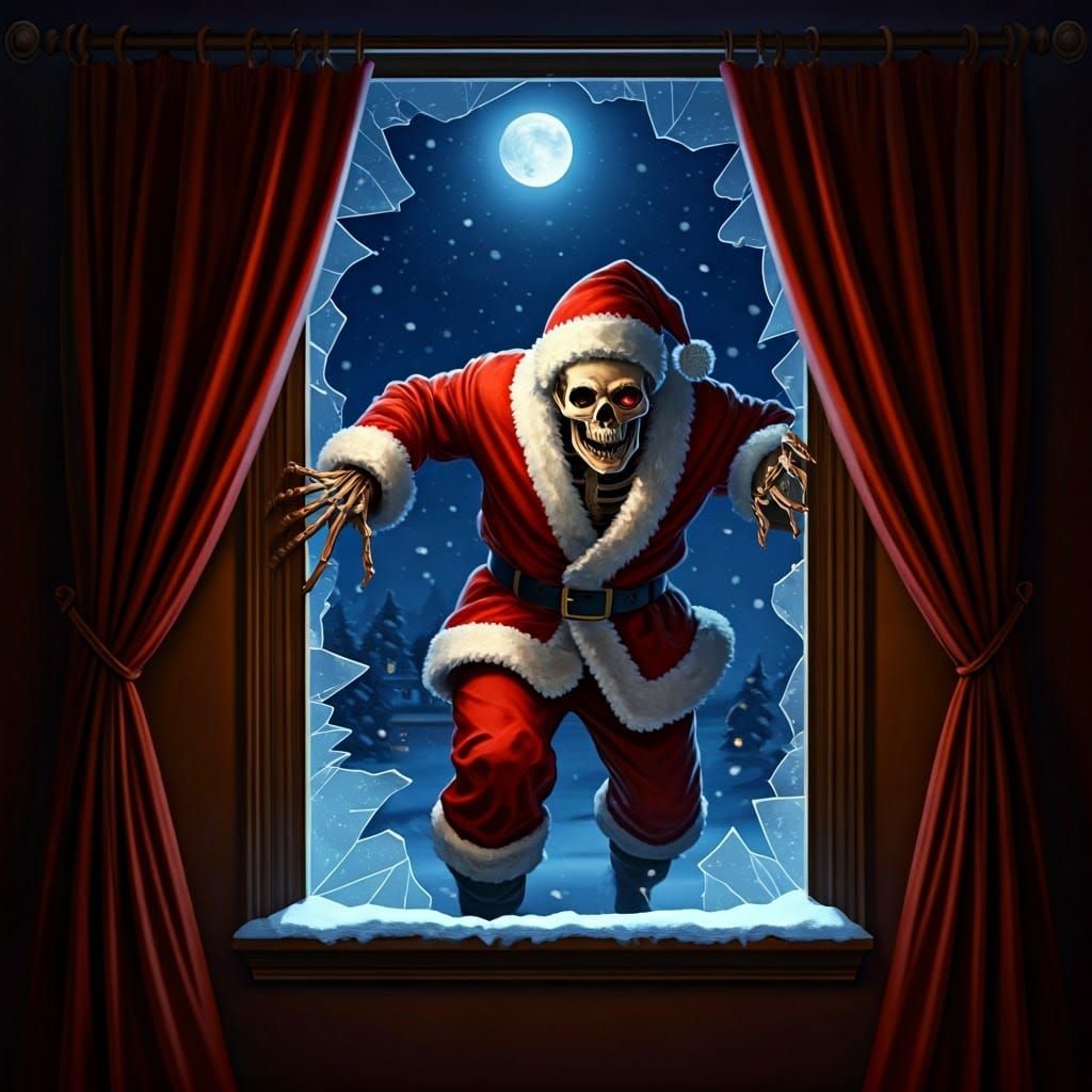 Gigantic, macabre skeleton, clad in a tattered, crimson Santa Claus ...