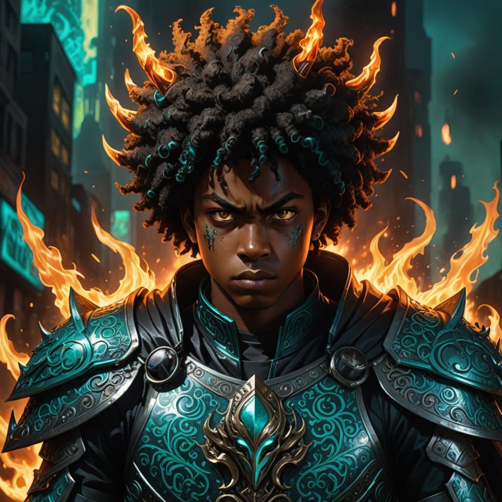 Dark Anime Warrior with Afro and Devil Horns - AI Art