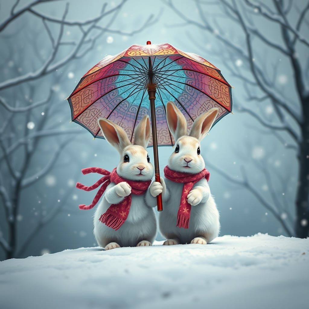 Whimsical White Rabbits Holding Umbrella in Snowy ... - AI Art