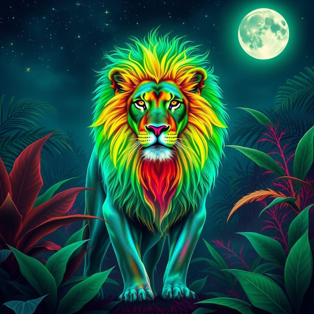 Ethereal Lion Radiates Energy in Neon Jungle Under... - AI Art