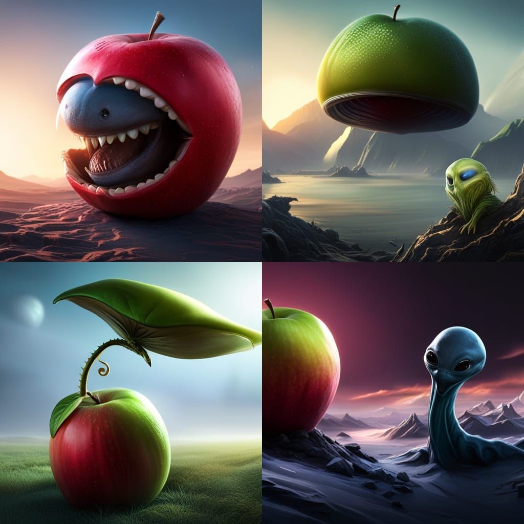 An alien worm poking his head out of a stunning apple. Epic cinematic ...