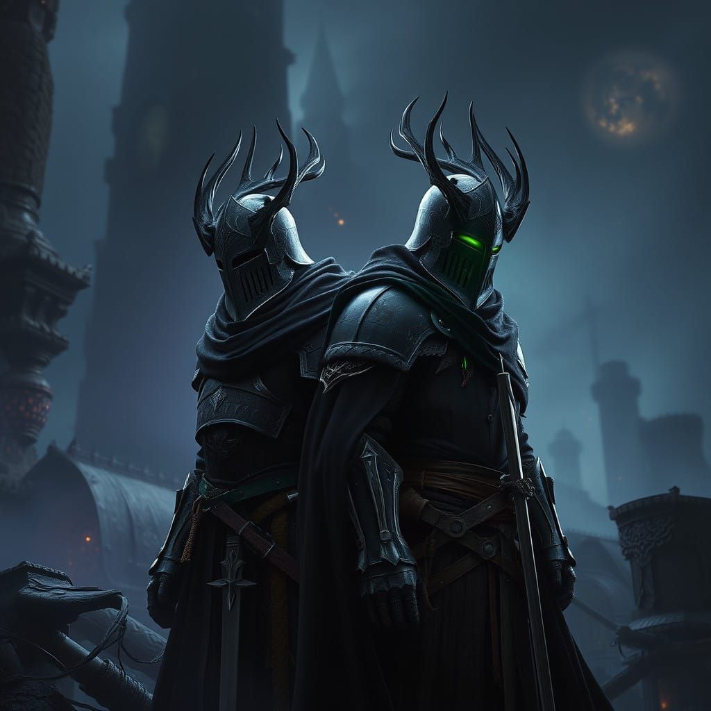Dark Fantasy Knights in Haunting Armor and Wild Hu... - AI Art