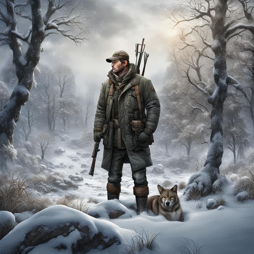 a hunter standing in a snowy landscape. - AI Generated Artwork ...