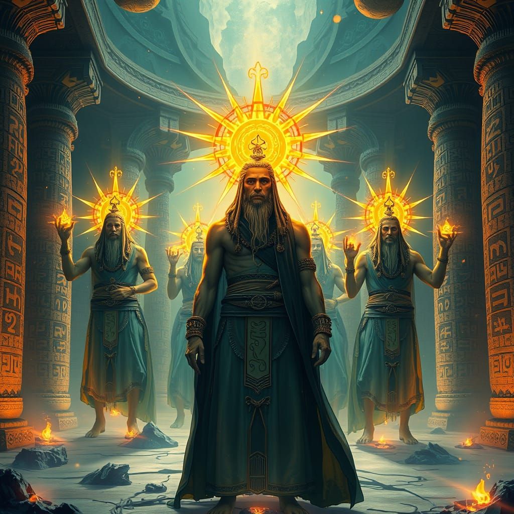 Sumerian Humans Emerge From Clay in Mystical Templ... - AI Art