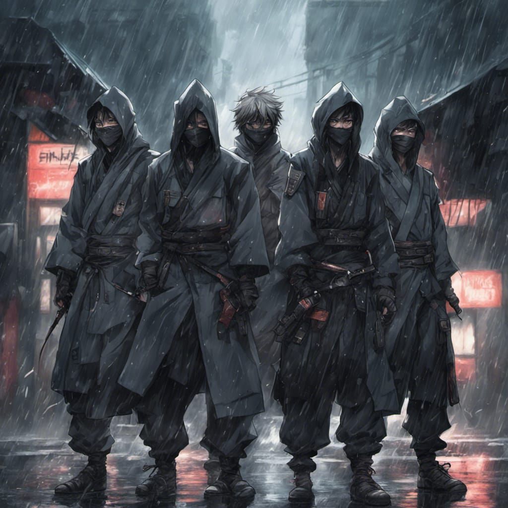 4-man team of shinobi in the rain, tech wear, intricate details, HDR ...