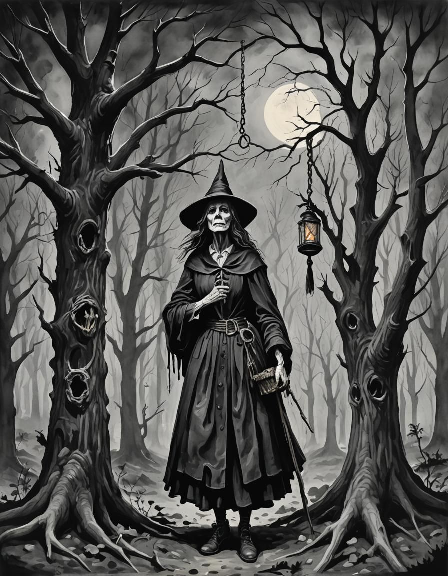 black and white folk art horror new-england witch in a haunted creepy ...