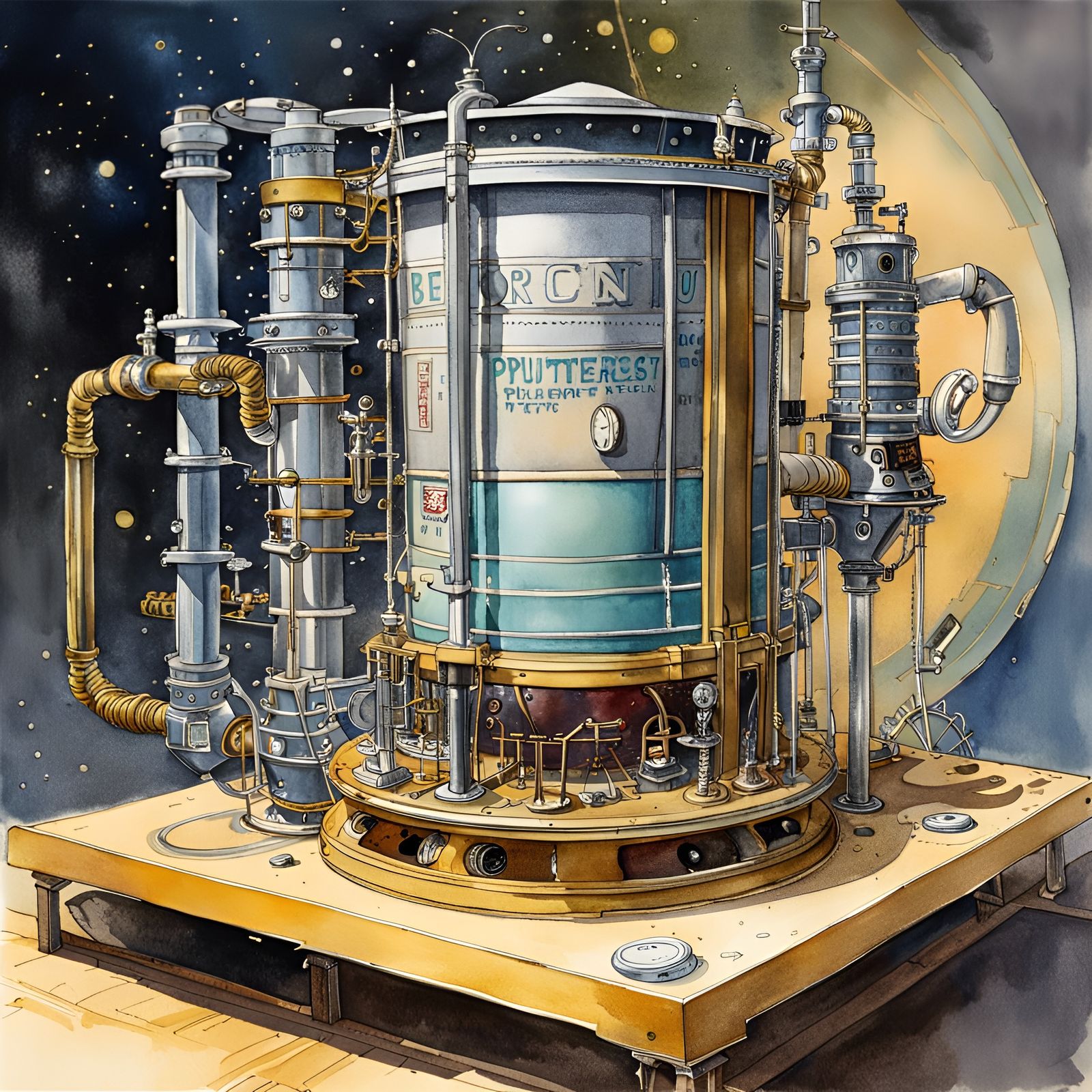 Watercolor of the electron pump from Isaac Asimov’s Sci Fi novel, “The ...