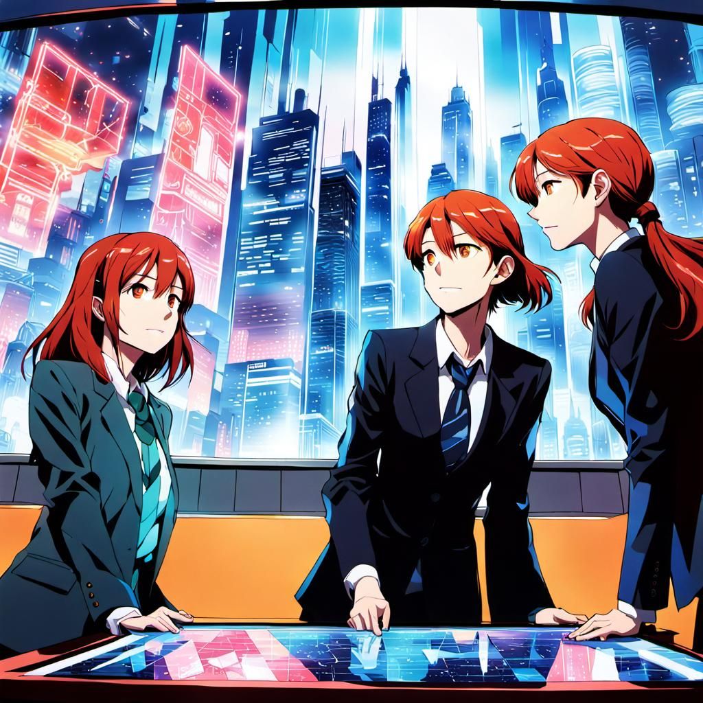 4 red-haired corrupt businesswomen observing a red holographic display ...