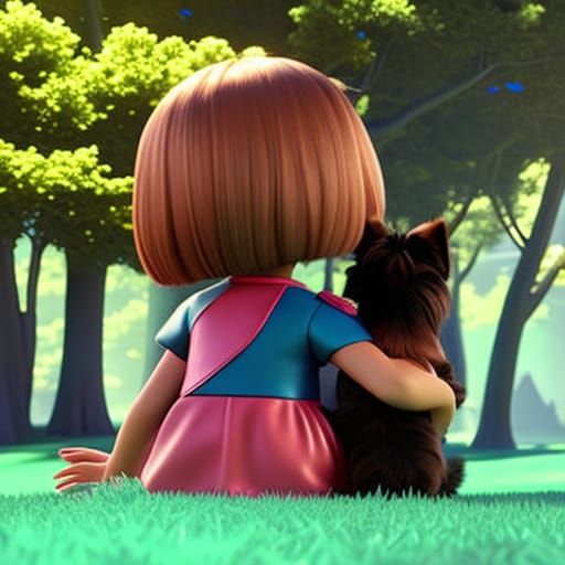 Rear view of girl with arm around Yorkie puppy sitting at park, Pixar ...