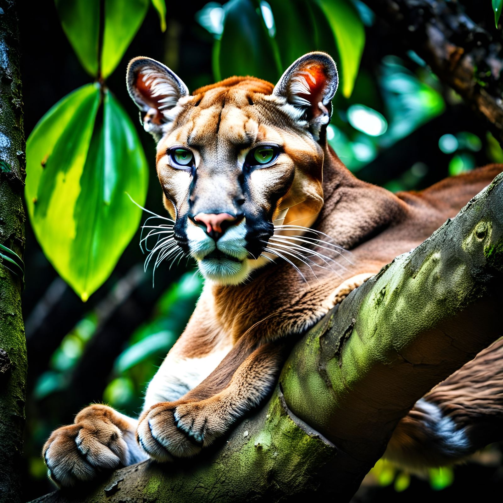 Elegant Puma lounging on limb in Amazon Rainforest, intricate details ...