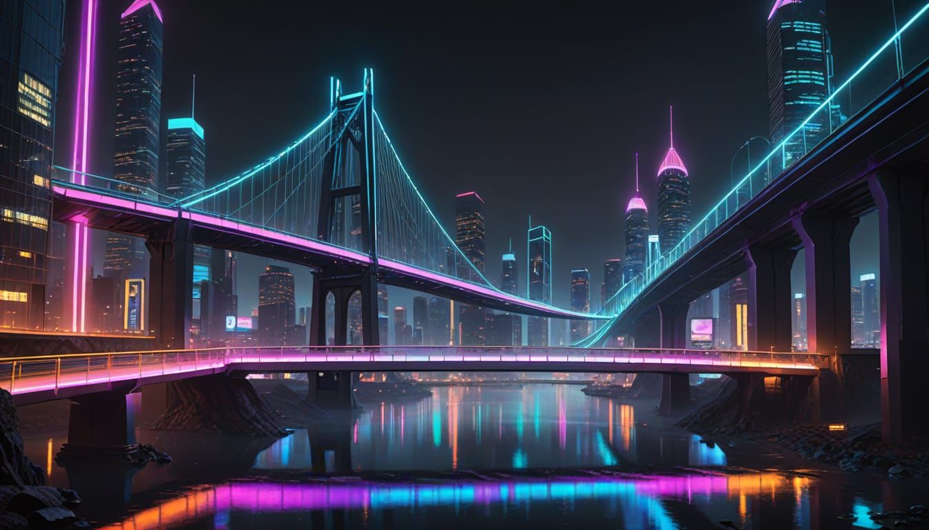 Sleek Cyberpunk Bridge Arcs Across Glowing River - AI Art