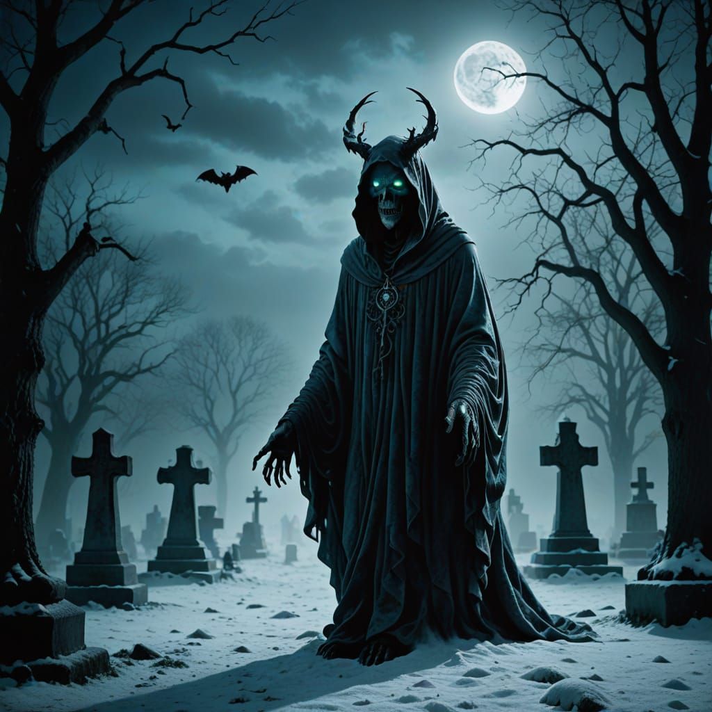 Ethereal Demon in Haunted Cemetery Scene - AI Art